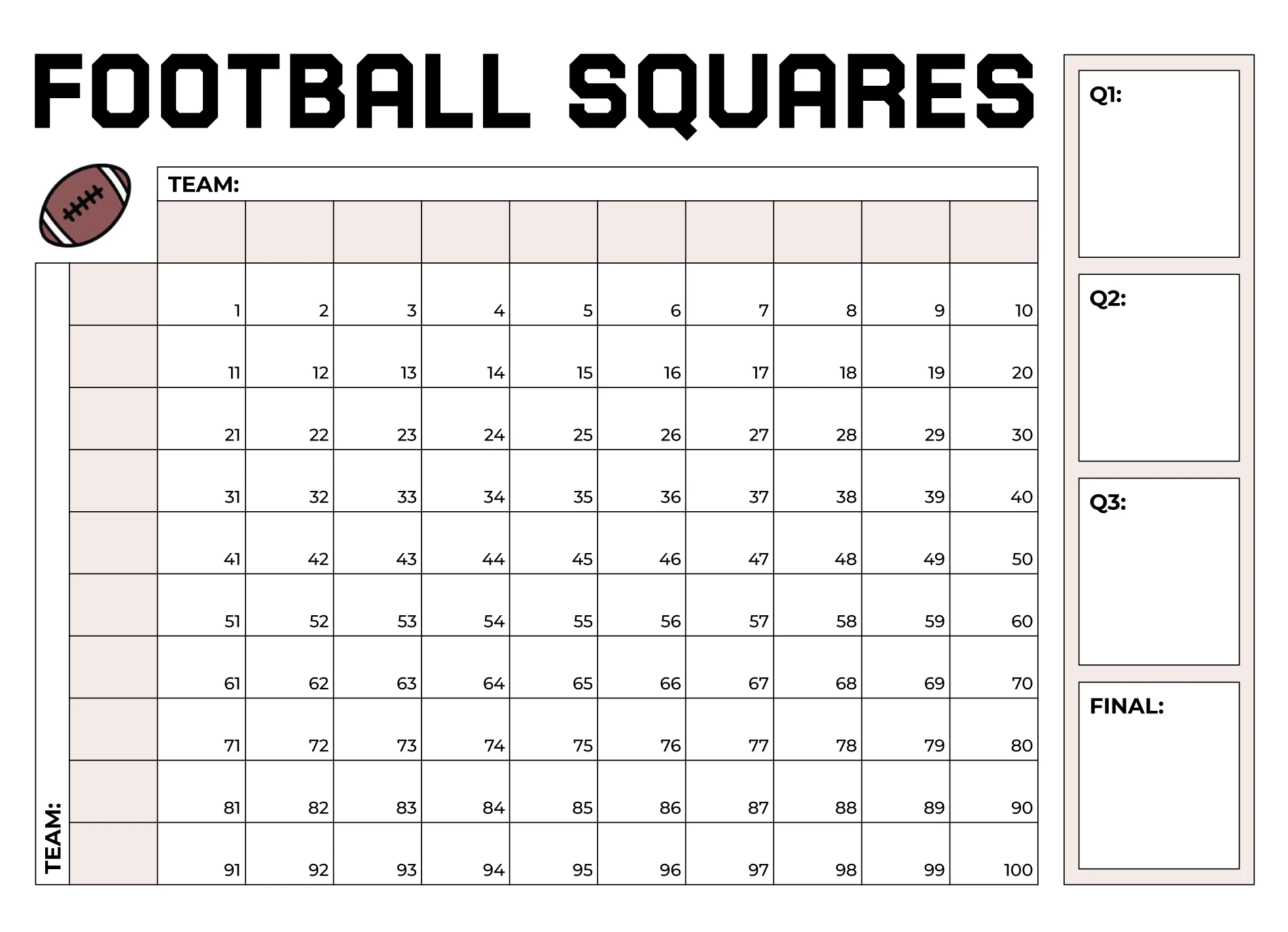 Printable Football Squares 101 Printable