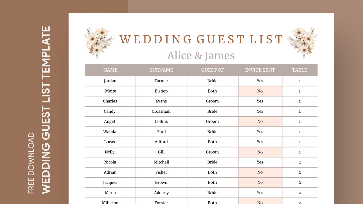 Boho Wedding Guest List Free Google Sheets & Excel Template - gdoc.io