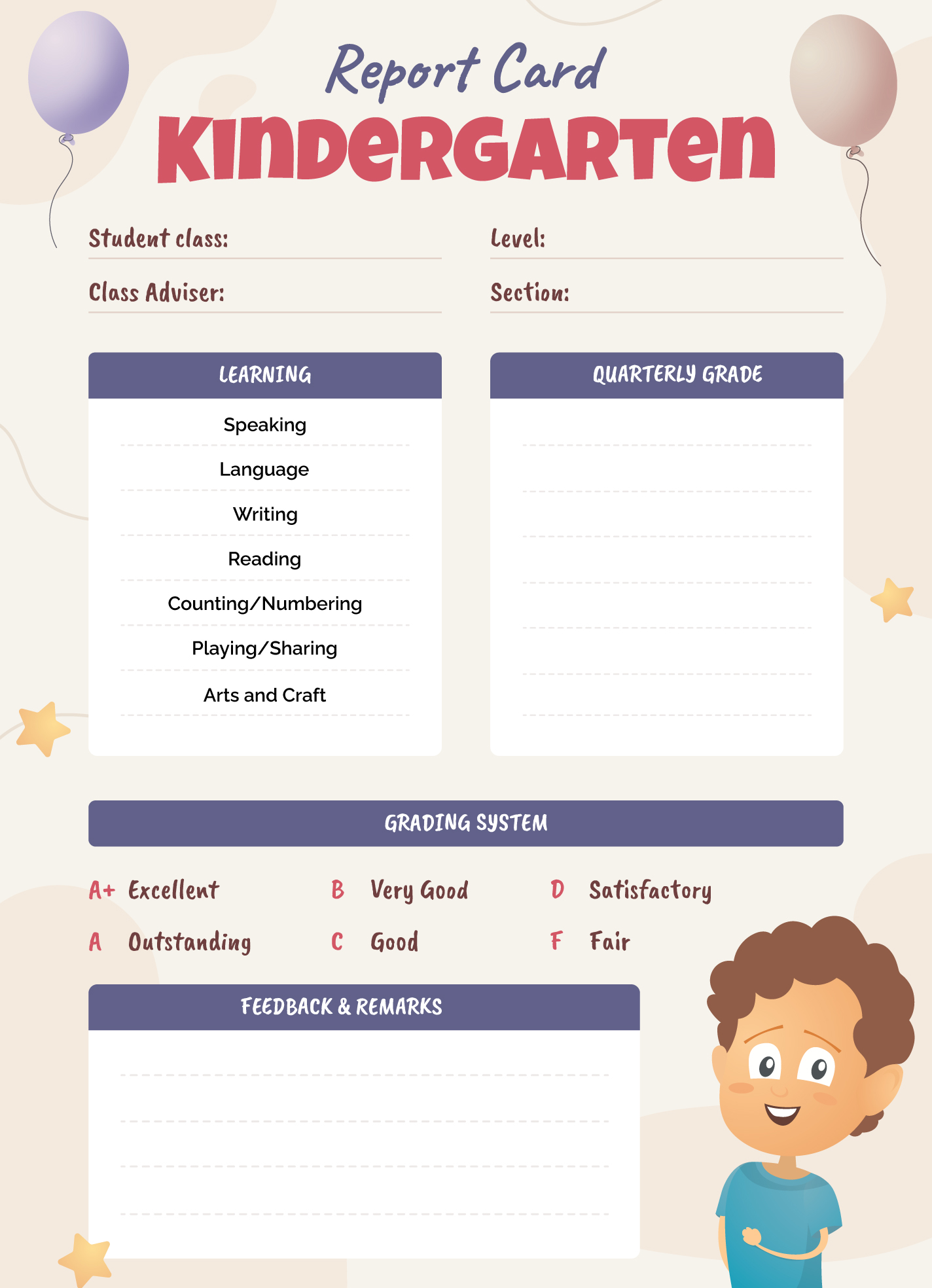 Printable Kindergarten Report Cards