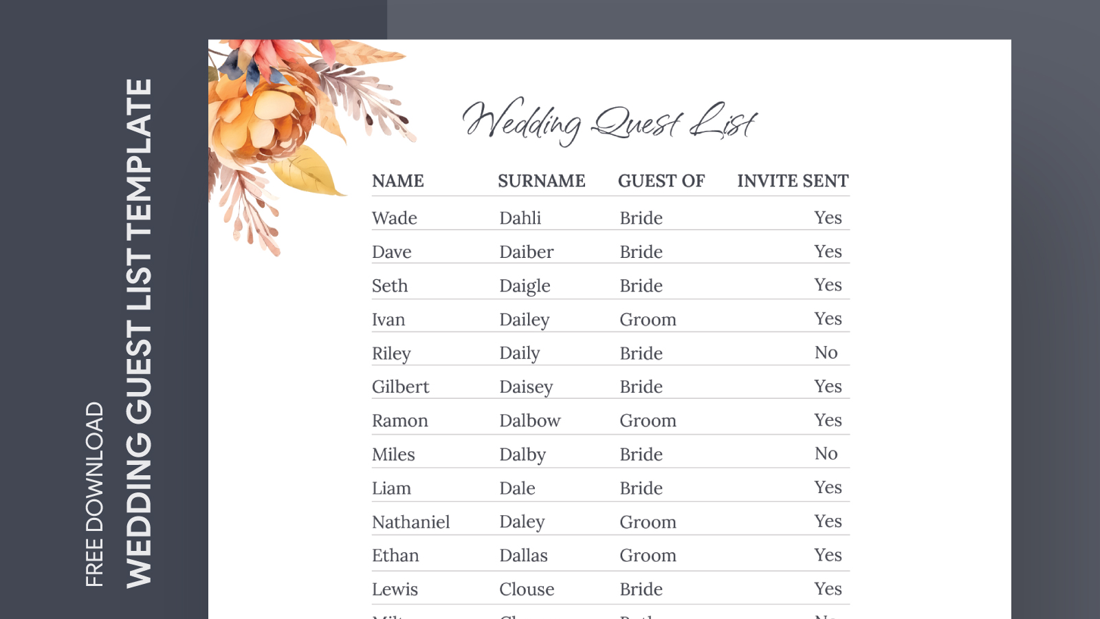 Autumn Wedding Guest List Free Google Docs Template - gdoc.io