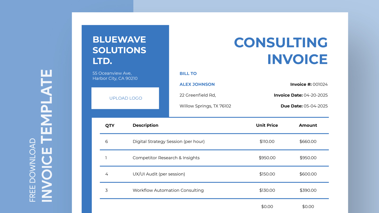 Consulting Invoice Free Google Sheets & Excel Template - gdoc.io