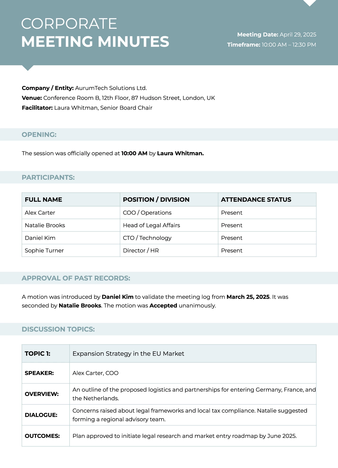 Corporate Board Meeting Minutes Template