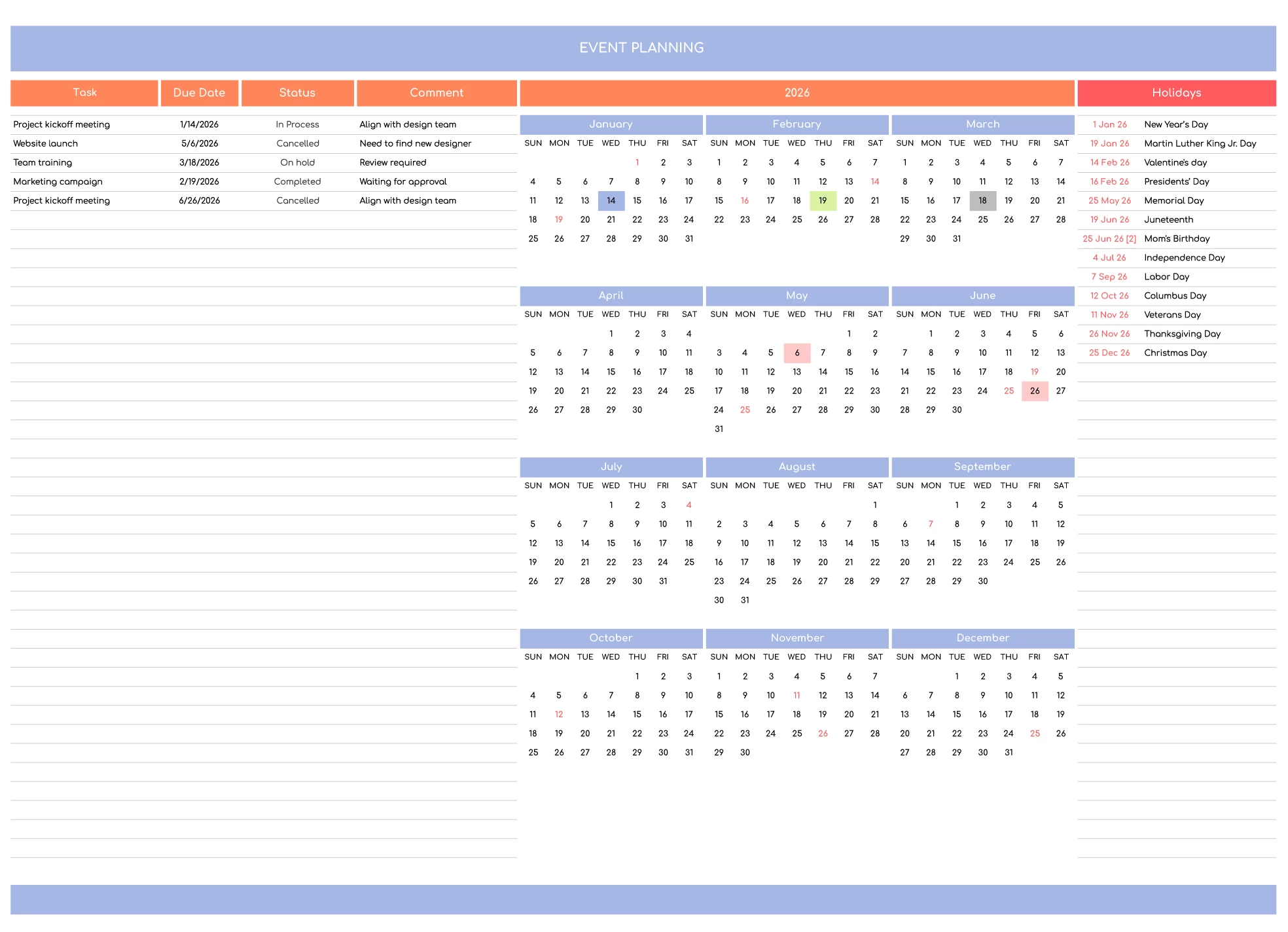 Excel Event Calendar Templates