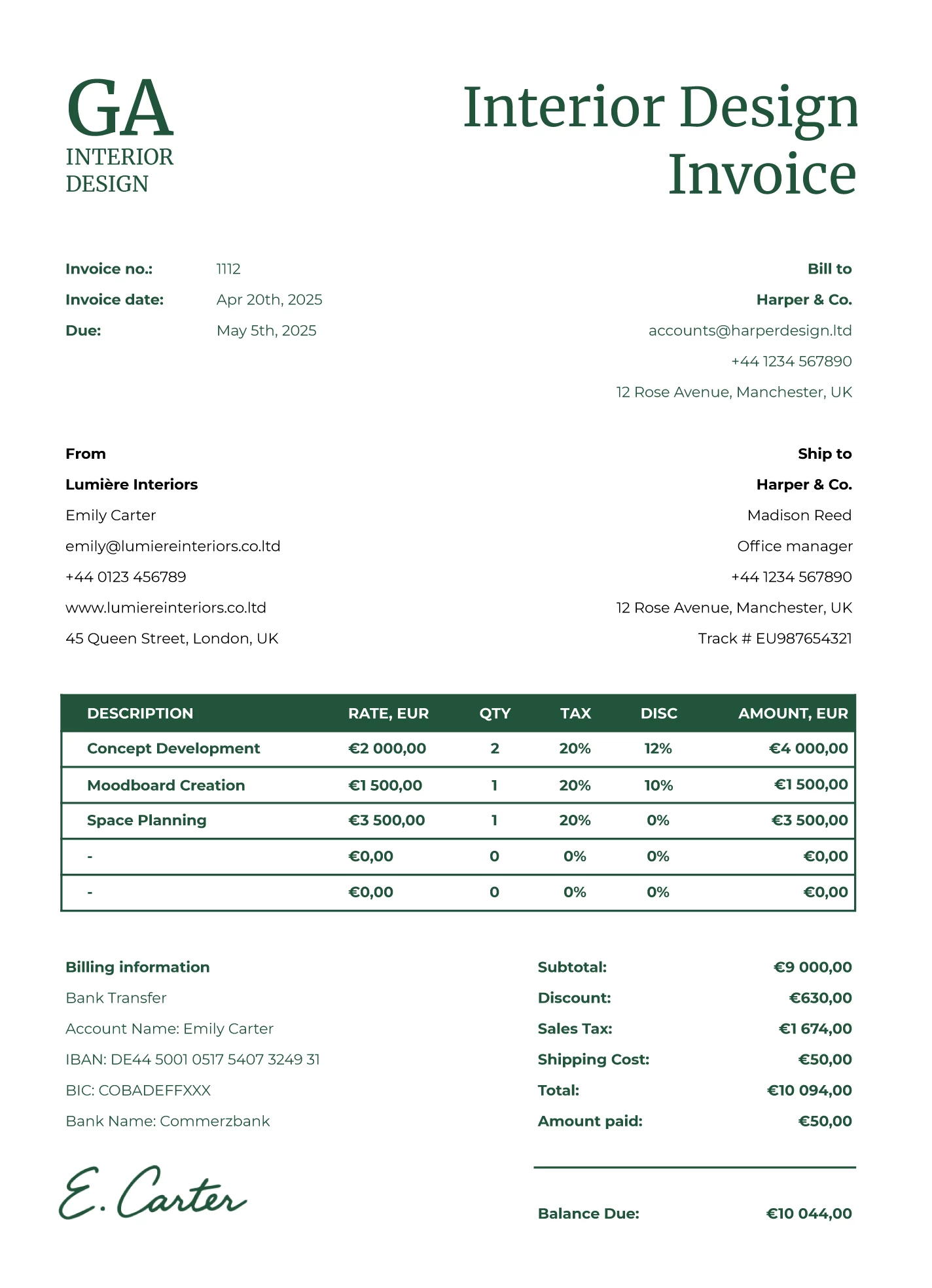 Interior Design Invoice