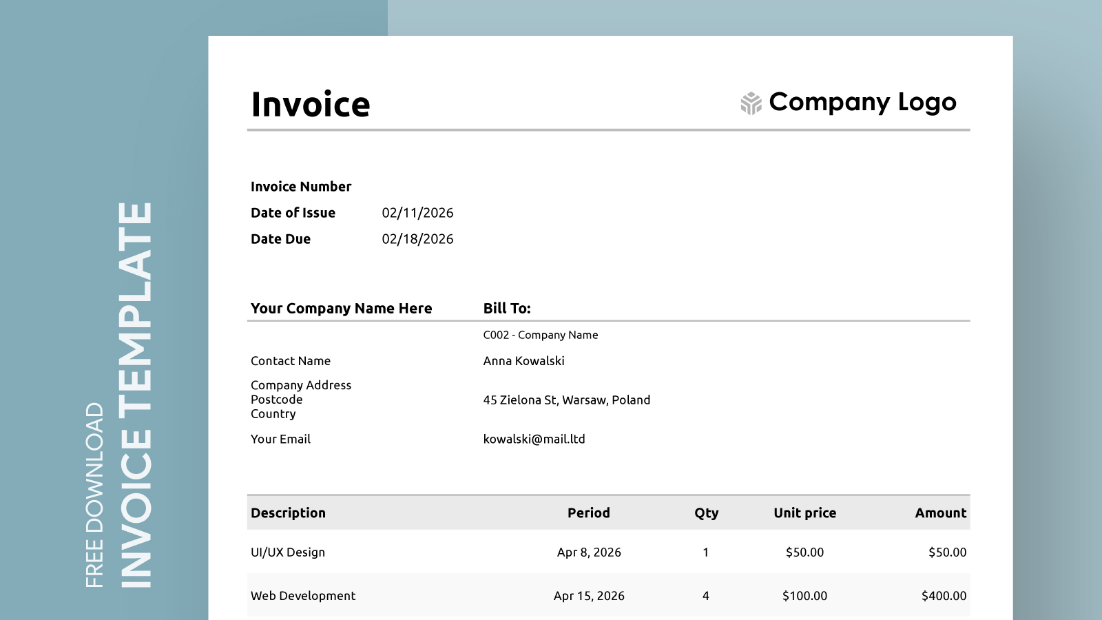 Invoice with Automatic Numbering Free Google Sheets Template - gdoc.io