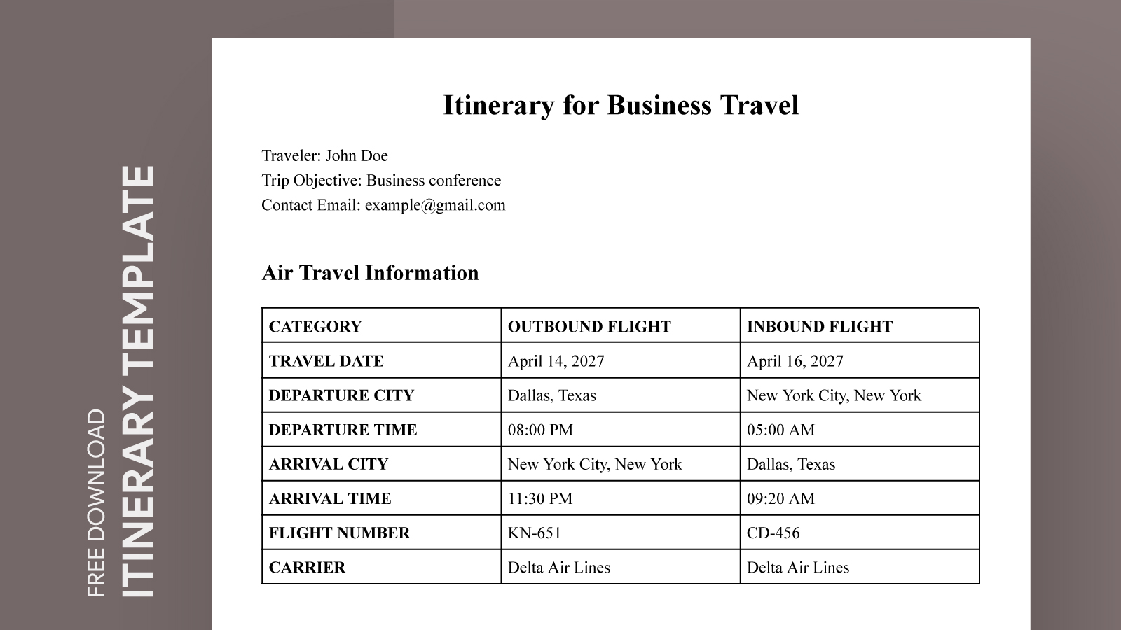 Itinerary for Business Travel Free Google Docs Template - gdoc.io