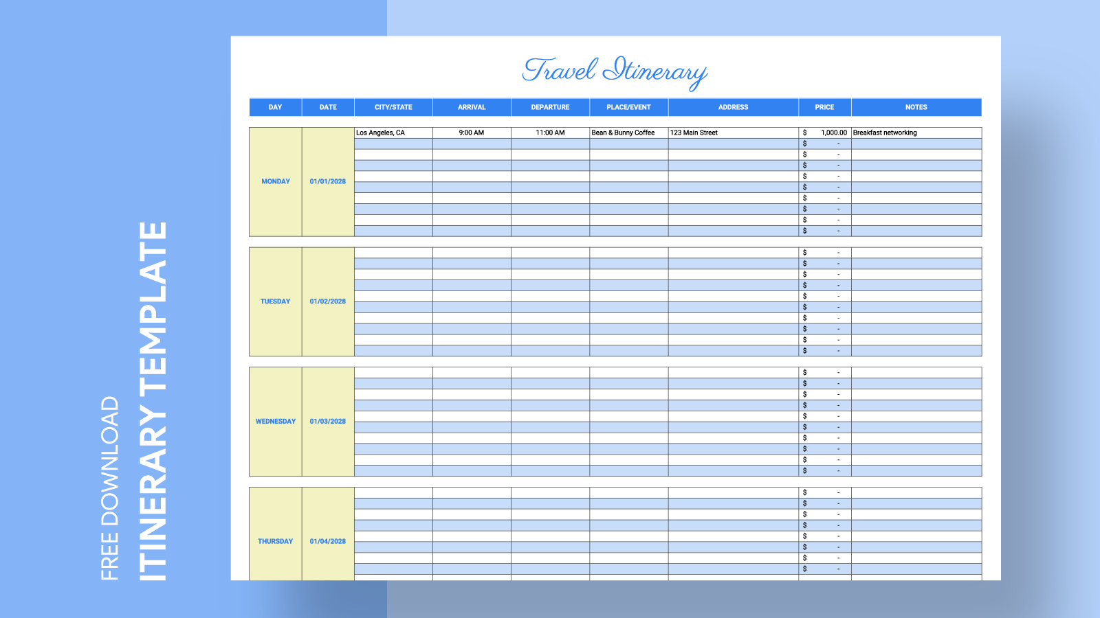 Itinerary Spreadsheet Free Google Sheets & Excel Template - gdoc.io