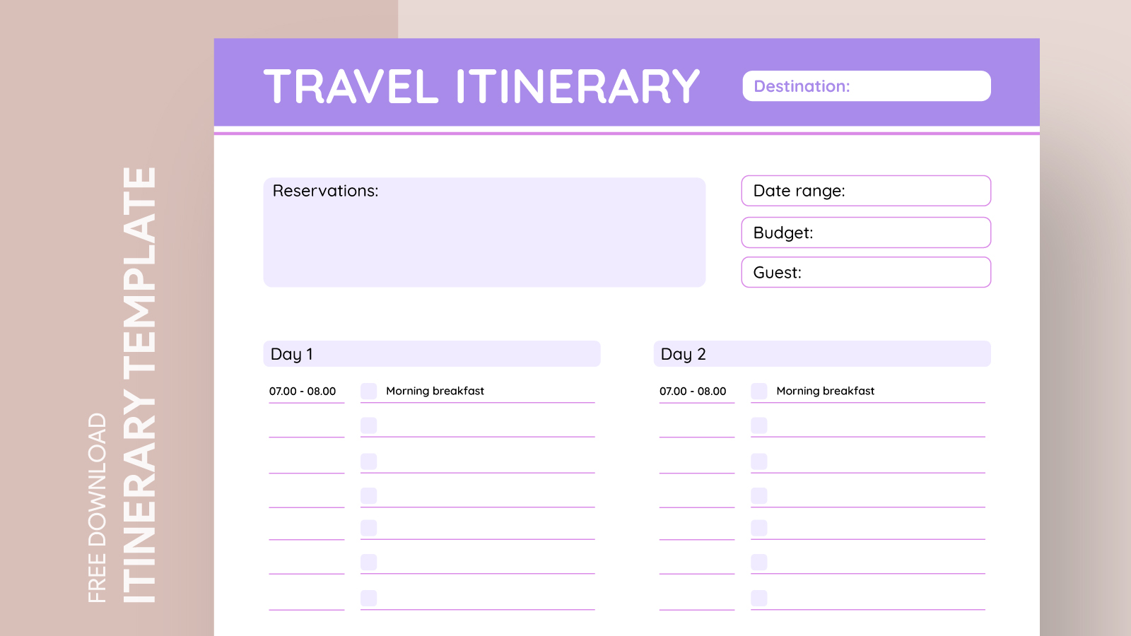Minimal Purple Trip Itinerary Free Google Docs Template - gdoc.io