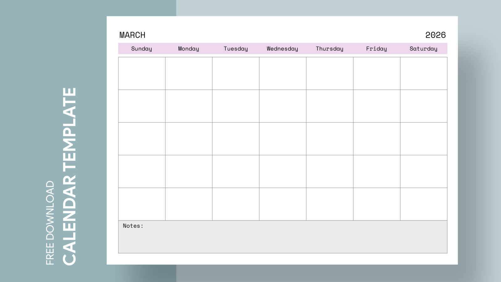 Monthly Calendar with Notes Free Google Sheets & Excel Template