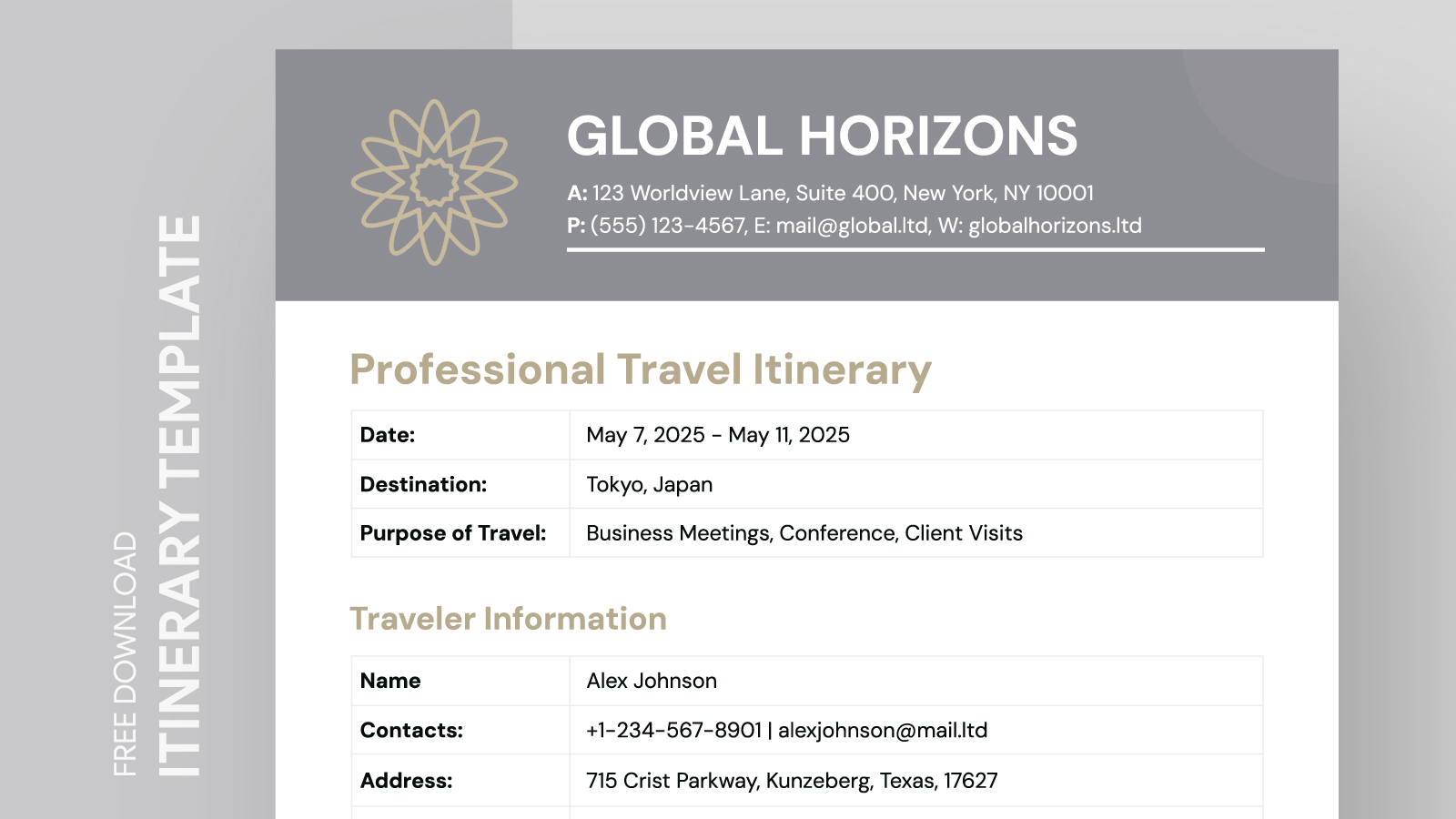 Professional Travel Itinerary Free Google Docs Template - gdoc.io