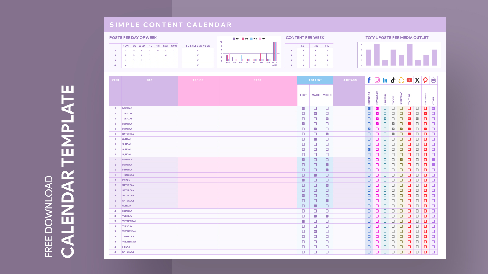Simple Content Calendar Free Google Sheets & Excel Template - gdoc.io