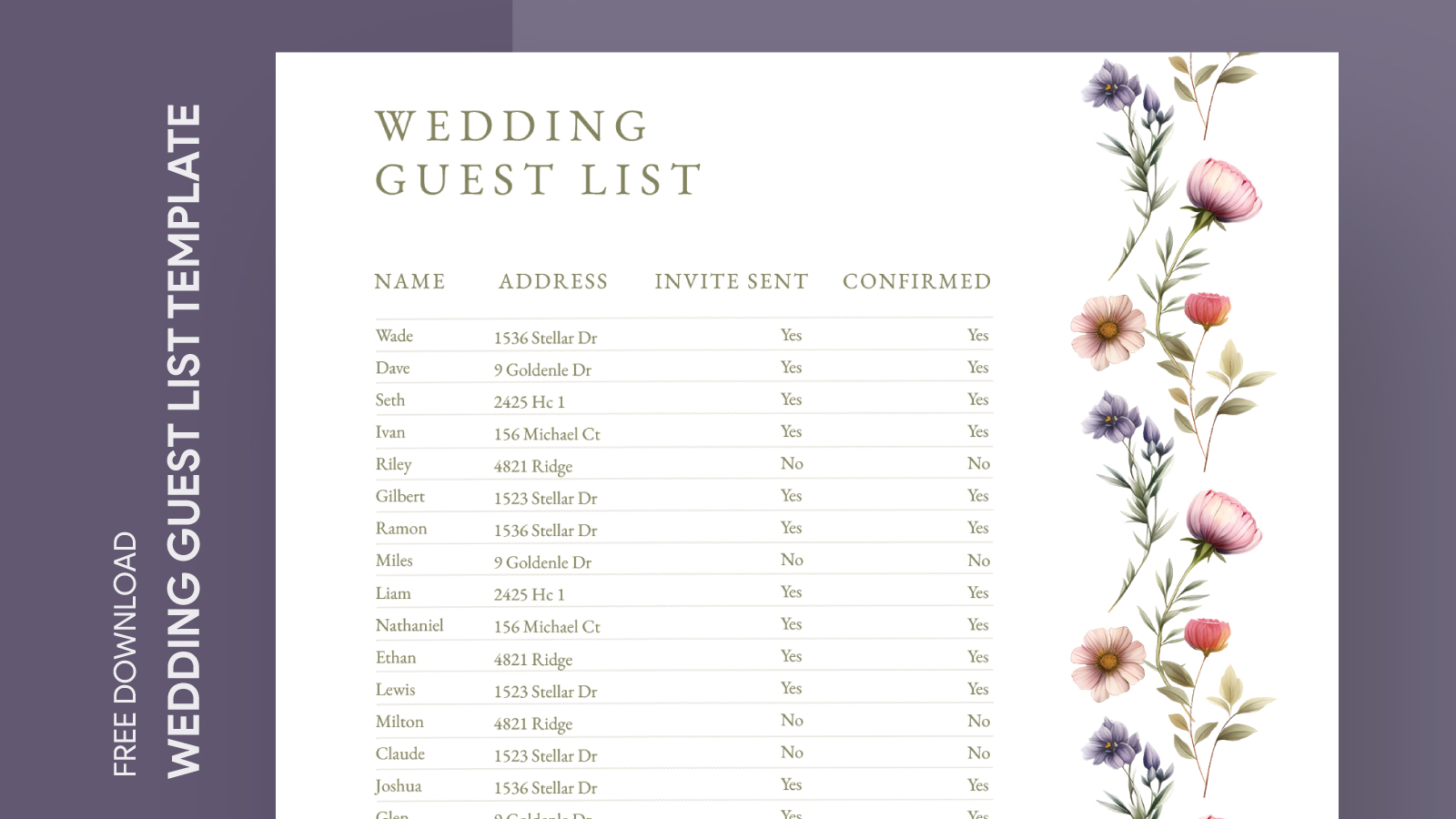 Printable Floral Guest List Pdf Download Wedding Guest List Template