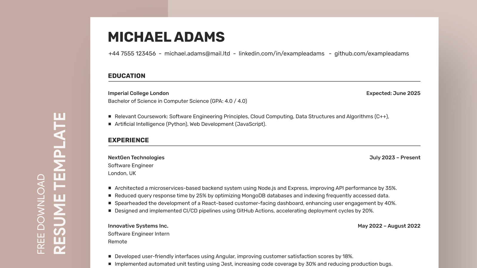 Traditional Simple Resume Free Google Docs Template - gdoc.io