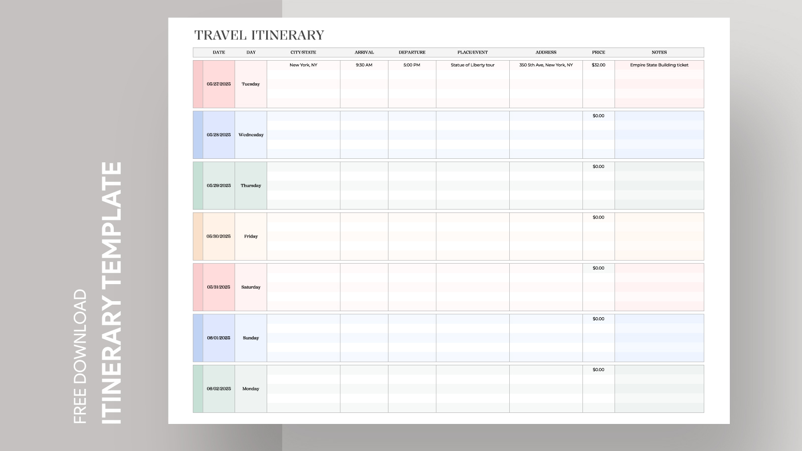 Travel Itinerary Spreadsheet Free Google Sheets & Excel Template