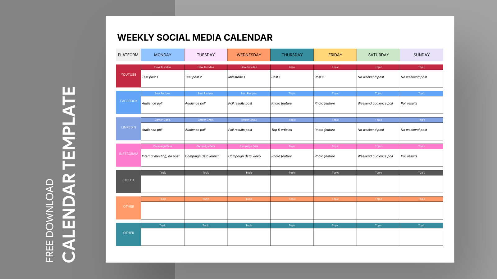 Weekly Social Media Calendar Free Google Sheets & Excel Template
