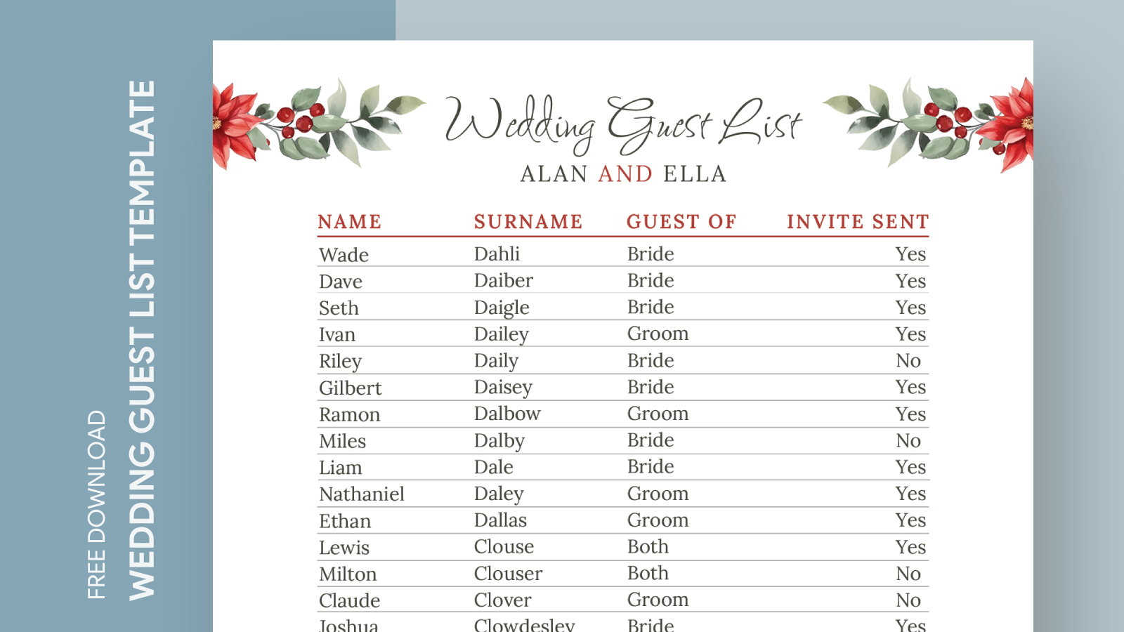 Winter Wedding Guest List Free Google Docs Template - gdoc.io
