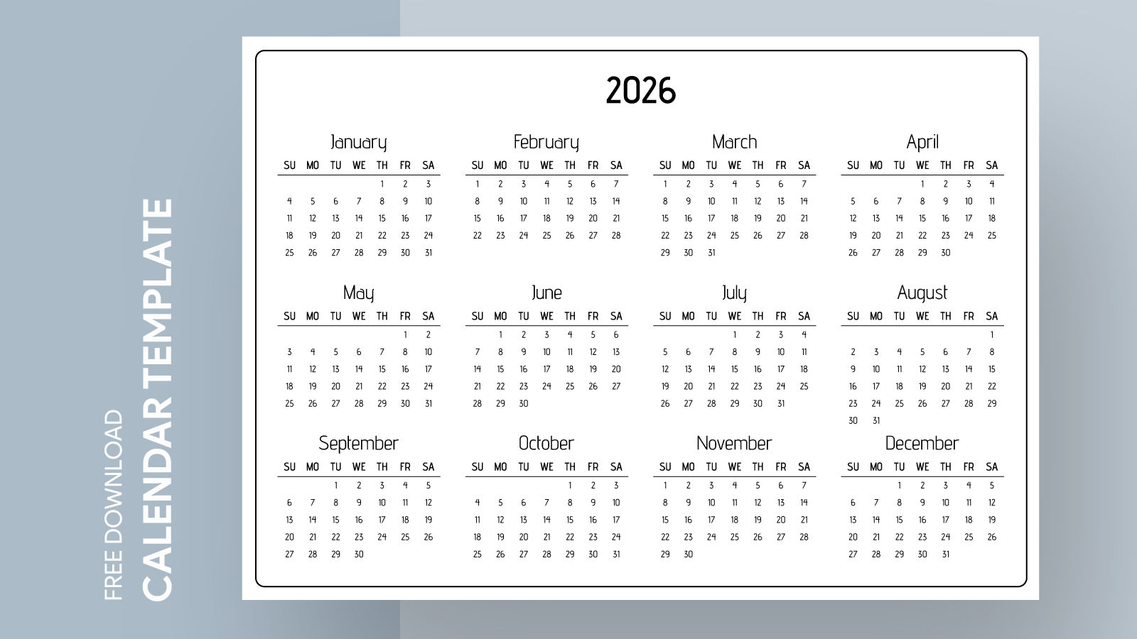 Yearly Calendar 2026 Printable Free Google Docs Template - gdoc.io