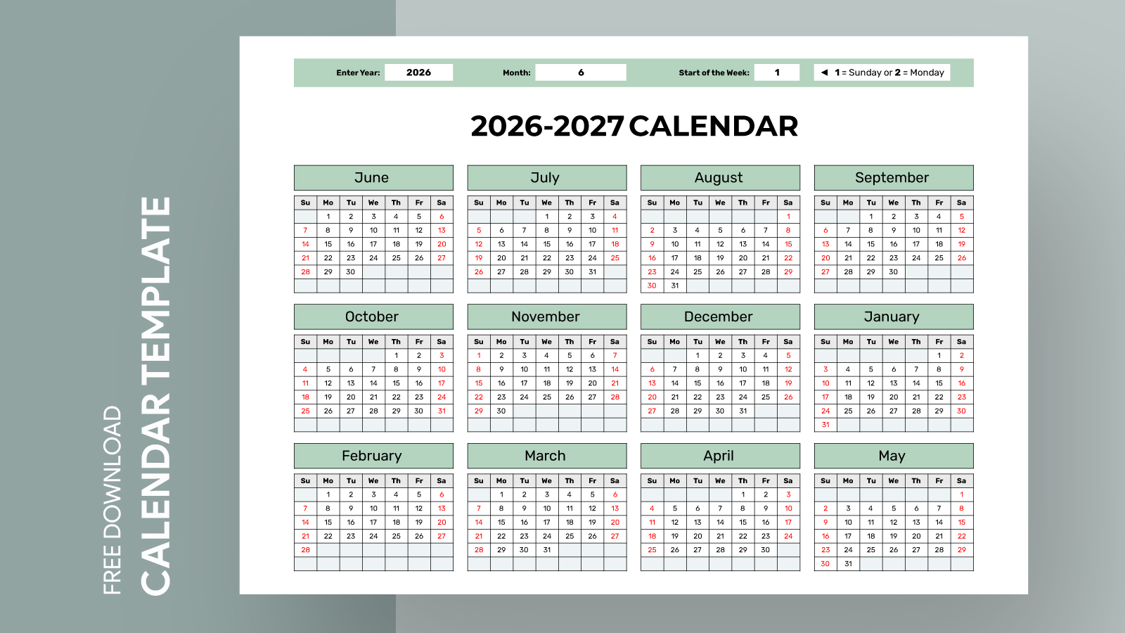 Yearly Calendar Landscape Free Google Sheets & Excel Template